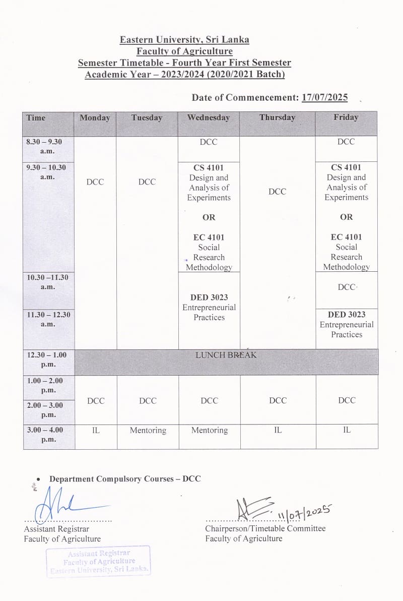 Semester Timetable ( 4th year 1st semester - Academic Year - 2023/2024 ) | Faculty of Agriculture